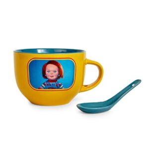 child's play chucky "good guys" 24-ounce ceramic soup mug w/ spoon | bowl for ice cream, cereal, oatmeal | large coffee cup for espresso, caffeine | home & kitchen essential | horror movie collectible