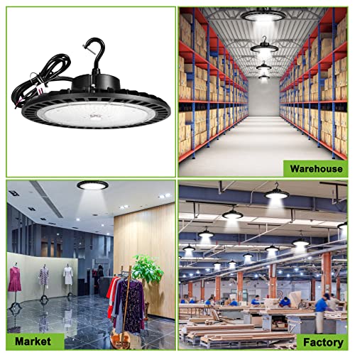 SENSAN led LED High Bay Light 100W 1-10V Dimmable UFO Commercial Lighting Fixture 5000K 5' Cable with US Plug Equivalent to 400W HPS/HID - Ideal for Garage Shop Lights Workshops Warehouse Factory