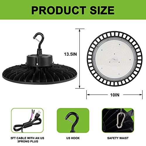 SENSAN led LED High Bay Light 100W 1-10V Dimmable UFO Commercial Lighting Fixture 5000K 5' Cable with US Plug Equivalent to 400W HPS/HID - Ideal for Garage Shop Lights Workshops Warehouse Factory