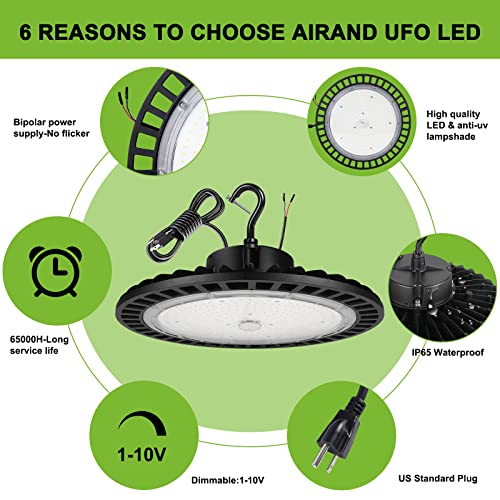 SENSAN led LED High Bay Light 100W 1-10V Dimmable UFO Commercial Lighting Fixture 5000K 5' Cable with US Plug Equivalent to 400W HPS/HID - Ideal for Garage Shop Lights Workshops Warehouse Factory