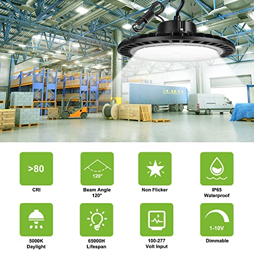 SENSAN led LED High Bay Light 100W 1-10V Dimmable UFO Commercial Lighting Fixture 5000K 5' Cable with US Plug Equivalent to 400W HPS/HID - Ideal for Garage Shop Lights Workshops Warehouse Factory