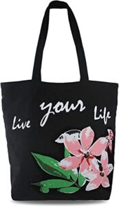 mel jun canvas tote bag for women, light beach bags gym tote reusable grocery bag reading totes weekend church bag black floral tote bags with pink flower