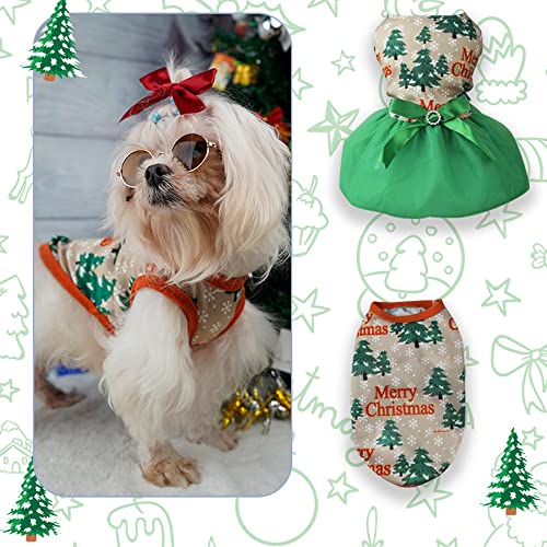 Holiday Theme Christmas Dog Dress with Bowknot + Lightweight Cat Vest for Small Medium Dogs Cats (Medium, Dark Green)