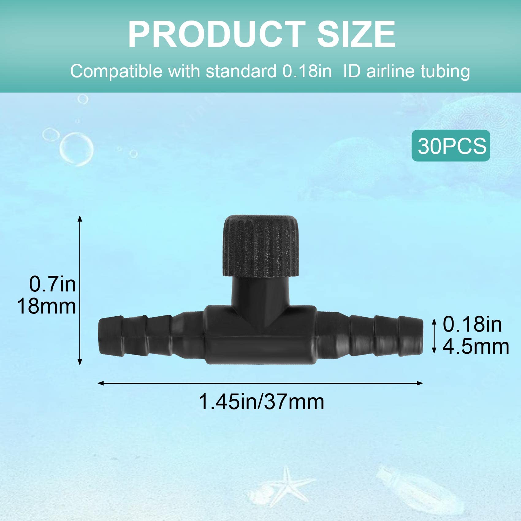 HINZIC 30 Pack Aquarium Air Control Valves for Fish Tank Single Way 3/16" ID Air Tube Black T Shape Control Valve Plastic Aquarium Hose Connector