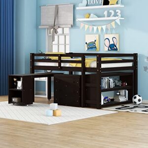 low full loft bed with desk and dresser wood kids loft beds frame with cabinet & storage shelves & rolling portable desk for juniors, teen, boys, girls, full size, espresso