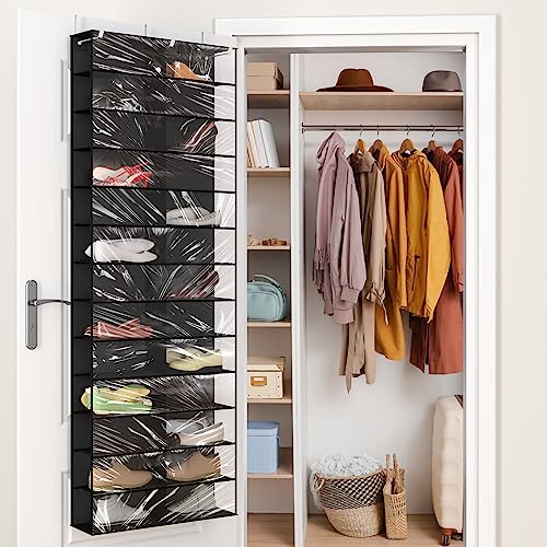 coastal rose Over the Door Shoe Shelves with 26 Clear PVC Pockets Hanging Shoe Rack for Door, Shoe Organizer for Closet, Shoe Holder Storage organizer, Black