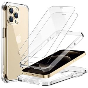 jetech case for iphone 12 pro max 6.7-inch with 2-pack tempered glass screen protector, 360 full body shockproof bumper phone cover protective clear back (clear)