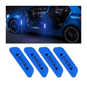 4pcs reflective open warning stickers for car door, night visibility auto safety prompt decals, 3.6 inch anti-collision protective strip tape, car accessories universal for truck, suv, van (blue)