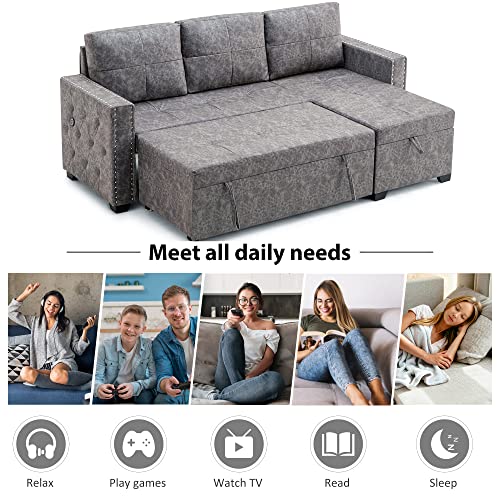 Goohome 84" L Sectional USB Charger,2 Sofa Bed with Storage Chaise,Sleeper Independent Use as Coffee Table, Nail Headed for Living Room Furniture Apartment/Upstairs Loft, Gray / 3-seat