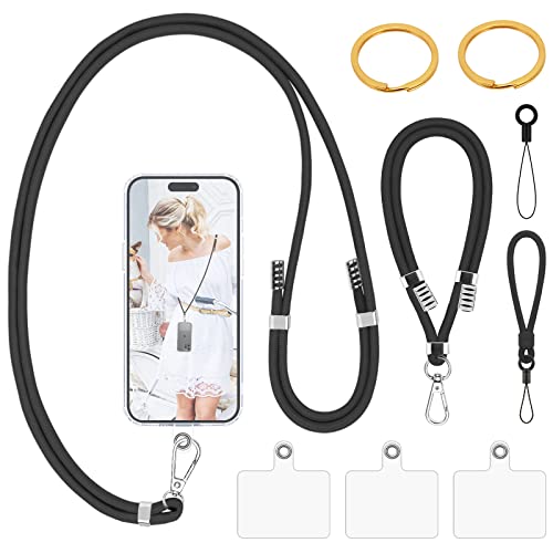 XLDLQU Cell Phone Lanyard, 1× Universal Crossbody Lanyard, 1× Adjustable Wrist Strap, 1× Finger Strap, 2× Key Rings and 3× Phone Patch Available for Most Mobile Phone (Black)