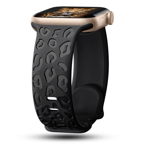 CreateGreat Engraved Bands Compatible with Apple Watch Band 41mm 40mm 38mm, Leopard Carve Pattern Soft Silicone Strap Compatible with iWatch Series 8 7 6 5 4 3 2 1 SE, Women Men,Leopard-Black