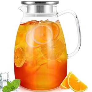 bunhut glass pitcher with lid,68 oz water pitcher for hot cold drinks,glass water pitcher with insulated handle,large glass water jar made of high borosilicate glass,easy to clean