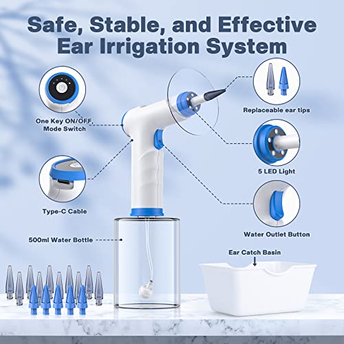 Ear Wax Removal, Electric Ear Cleaning Kit with Light, Ear Irrigation Kit with 4 Pressure Modes, Safe and Effective Ear Flush Kit with Ear Cleaner - Includes Basin, Towel & 15 Tips