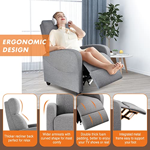 Recliner Chair for Living Room, Fabric Massage Recliner Chair Winback Single Sofa Home Theater Chairs Adjustable Modern Reclining Chair with Padded Seat Backrest for Adults (Grey)