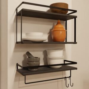 wall mounted floating shelves set of 2 with tissue rack, towel bar & hooks, storage rack for bathroom, kitchen, livingroom, bedroom & garage - black