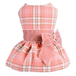 winter dog dress for small dogs girl, pink plaid dog dresses winter warm fleece lining female small dog clothes, pet outfits coat, cat apparel for holiday,christmas,small,yikeyo