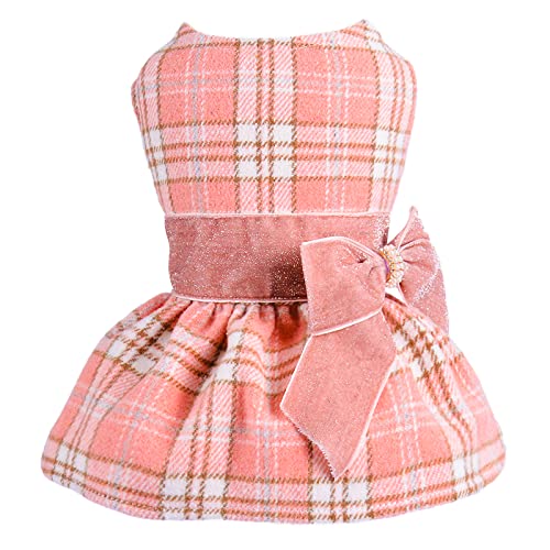 Winter Dog Dress for Small Dogs Girl, Pink Plaid Dog Dresses Winter Warm Fleece Lining Female Small Dog Clothes, Pet Outfits Coat, Cat Apparel for Holiday,Christmas,Small,Yikeyo