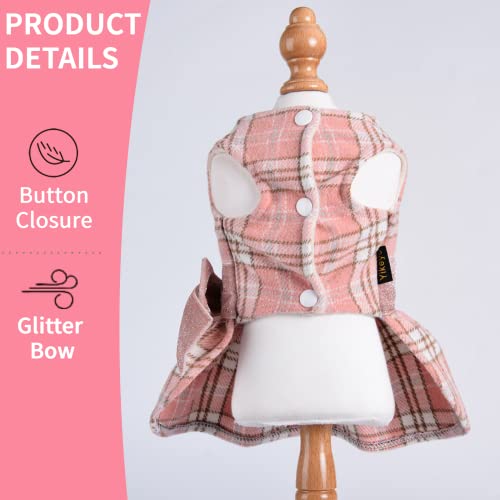 Winter Dog Dress for Small Dogs Girl, Pink Plaid Dog Dresses Winter Warm Fleece Lining Female Small Dog Clothes, Pet Outfits Coat, Cat Apparel for Holiday,Christmas,Small,Yikeyo