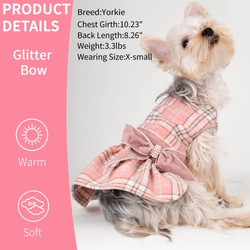 Winter Dog Dress for Small Dogs Girl, Pink Plaid Dog Dresses Winter Warm Fleece Lining Female Small Dog Clothes, Pet Outfits Coat, Cat Apparel for Holiday,Christmas,Small,Yikeyo