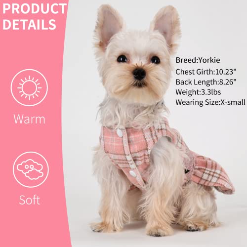 Winter Dog Dress for Small Dogs Girl, Pink Plaid Dog Dresses Winter Warm Fleece Lining Female Small Dog Clothes, Pet Outfits Coat, Cat Apparel for Holiday,Christmas,Small,Yikeyo