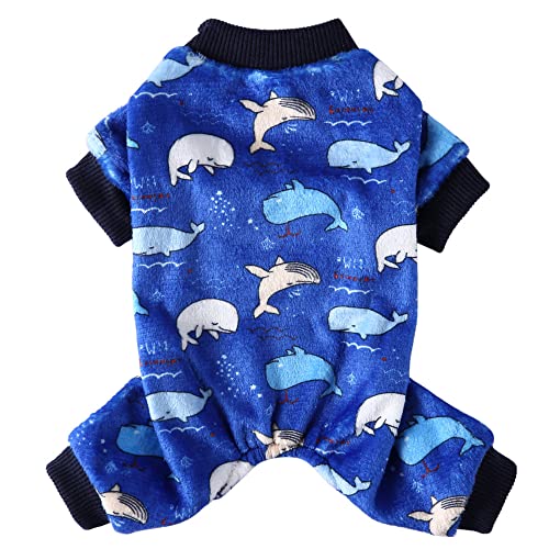 Dog Pajamas Blue Ocean Happy White Whaler Pet Clothes, Dog Cold Weather Coats, Winter Warm Flannel Puppy Jumpsuit Sweater Apparel 4 Legs Dog Clothes for Small Dogs Cats Boy Girl Blue Medium