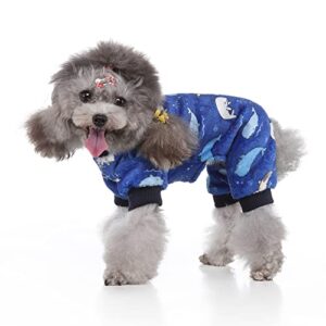 Dog Pajamas Blue Ocean Happy White Whaler Pet Clothes, Dog Cold Weather Coats, Winter Warm Flannel Puppy Jumpsuit Sweater Apparel 4 Legs Dog Clothes for Small Dogs Cats Boy Girl Blue Medium