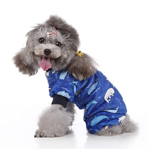 Dog Pajamas Blue Ocean Happy White Whaler Pet Clothes, Dog Cold Weather Coats, Winter Warm Flannel Puppy Jumpsuit Sweater Apparel 4 Legs Dog Clothes for Small Dogs Cats Boy Girl Blue Medium