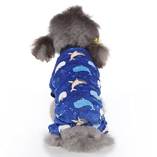 Dog Pajamas Blue Ocean Happy White Whaler Pet Clothes, Dog Cold Weather Coats, Winter Warm Flannel Puppy Jumpsuit Sweater Apparel 4 Legs Dog Clothes for Small Dogs Cats Boy Girl Blue Medium