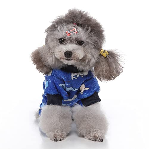 Dog Pajamas Blue Ocean Happy White Whaler Pet Clothes, Dog Cold Weather Coats, Winter Warm Flannel Puppy Jumpsuit Sweater Apparel 4 Legs Dog Clothes for Small Dogs Cats Boy Girl Blue Medium