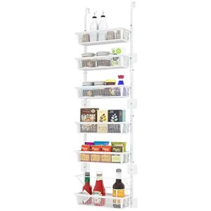 over the door organizer, adjustable over pantry door storage with 6 deep basket hanging over door spice rack closet cabinet door shelf organizer for kitchen bathroom, wall mountable, modularized use