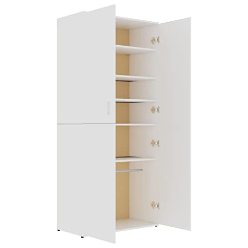 GOLINPEILO Modern Shoe Storage Cabinet with 2 Doors, 6 Shelves and a Hanging Rod, 31.5"x15.4"x70.1" Wood Shoe Storage Cabinet White for Entryway, Porch