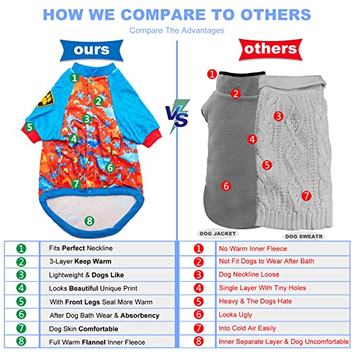 LovinPet Big Dog Fleece Coat - Winter Warm Pet Clothes for Small Dogs, Skin-Friendly Flannel Fabric Clothes for Dog, Dinosaur Jungle Red Prints Dog Sweater, Dog Outfit for Fall and Winter,