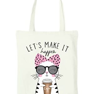 Cute Canvas Tote Bag - Cat Gifts for Women - Pink Cat Gifts for Cat Lovers - Cat Mom Gifts - Birthday Bags for Cat Lover Gifts - Teacher, Book Tote Bag - Reusable for Shopping (Coffee Cat)