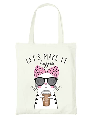 Cute Canvas Tote Bag - Cat Gifts for Women - Pink Cat Gifts for Cat Lovers - Cat Mom Gifts - Birthday Bags for Cat Lover Gifts - Teacher, Book Tote Bag - Reusable for Shopping (Coffee Cat)