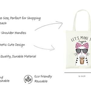 Cute Canvas Tote Bag - Cat Gifts for Women - Pink Cat Gifts for Cat Lovers - Cat Mom Gifts - Birthday Bags for Cat Lover Gifts - Teacher, Book Tote Bag - Reusable for Shopping (Coffee Cat)