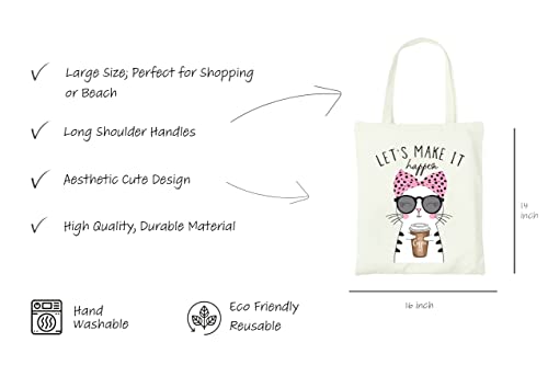 Cute Canvas Tote Bag - Cat Gifts for Women - Pink Cat Gifts for Cat Lovers - Cat Mom Gifts - Birthday Bags for Cat Lover Gifts - Teacher, Book Tote Bag - Reusable for Shopping (Coffee Cat)