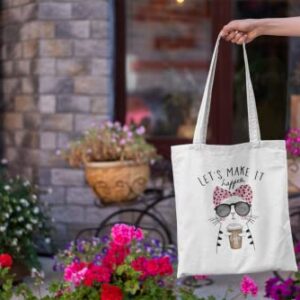 Cute Canvas Tote Bag - Cat Gifts for Women - Pink Cat Gifts for Cat Lovers - Cat Mom Gifts - Birthday Bags for Cat Lover Gifts - Teacher, Book Tote Bag - Reusable for Shopping (Coffee Cat)