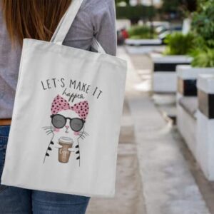 Cute Canvas Tote Bag - Cat Gifts for Women - Pink Cat Gifts for Cat Lovers - Cat Mom Gifts - Birthday Bags for Cat Lover Gifts - Teacher, Book Tote Bag - Reusable for Shopping (Coffee Cat)