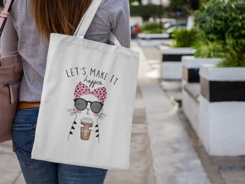 Cute Canvas Tote Bag - Cat Gifts for Women - Pink Cat Gifts for Cat Lovers - Cat Mom Gifts - Birthday Bags for Cat Lover Gifts - Teacher, Book Tote Bag - Reusable for Shopping (Coffee Cat)