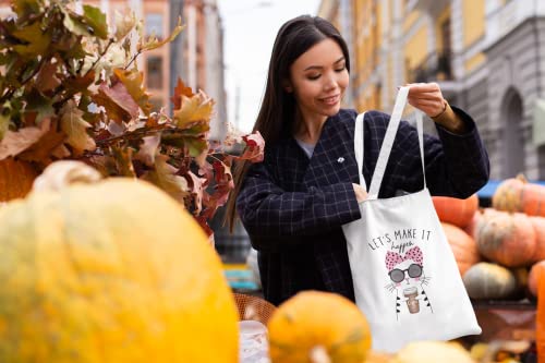 Cute Canvas Tote Bag - Cat Gifts for Women - Pink Cat Gifts for Cat Lovers - Cat Mom Gifts - Birthday Bags for Cat Lover Gifts - Teacher, Book Tote Bag - Reusable for Shopping (Coffee Cat)