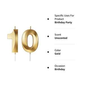 10th Birthday Candles Number 10 Candles Numerals for Cakes Happy Tenth Birthday 3D Designed 10th Wedding Anniversary Party Cake Topper Decorations (10, Gold)