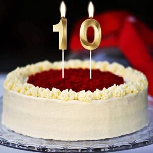 10th Birthday Candles Number 10 Candles Numerals for Cakes Happy Tenth Birthday 3D Designed 10th Wedding Anniversary Party Cake Topper Decorations (10, Gold)