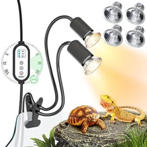 reptile heat lamp, dual-head uva/b reptile light with cycle timer, basking light for reptile turtle bearded dragon lizards snake, e26/27 base with 4 bulbs (2pcs 25w and 2pcs 50w)