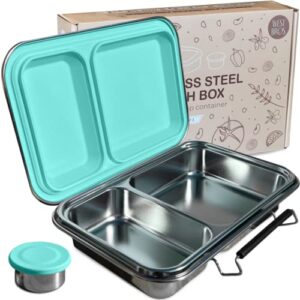 west bros stainless steel lunch box and dip container - premium metal bento box - stainless steel food container with 2 compartments - modern leakproof snack lunch set (blue)