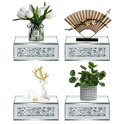 4 Pcs Floating Wall Shelf Mirrored Crystals Wall Rack Diamond Glass Shelves Decorative Mirror Shelves Floating Bling Wall Decor Glass Display Ledge for Trophy Bathroom Bedroom Home 6 x 5.2 x 2.4 Inch