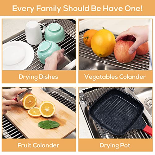 Atposh Roll up Dish Drying Rack 21“*11.5” Over The Sink Dish Drainer for Kitchen Counter Portable Versatile Foldable Dish Drying Rack Mat Silicone Wrapped SUS304 Stainless Steel Dish Drying Rack