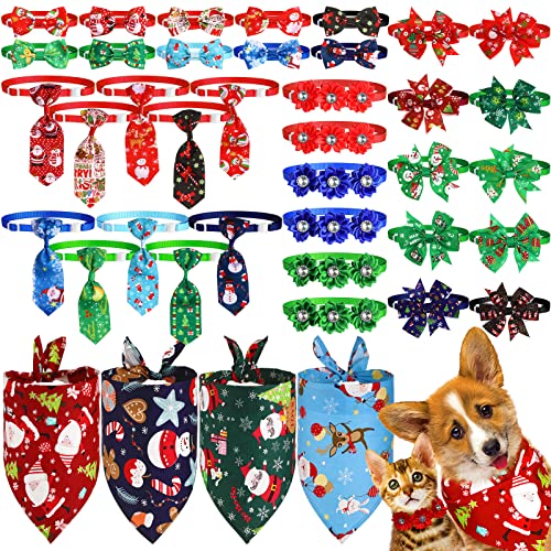 40 Pcs Christmas Dog Bow Ties Set 26 Christmas Pet Bowties 10 Santa Snowman Pet Necktie 4 winter Dog Bandana Christmas Dog Grooming Accessories for Dog Cat Pet Decor (Santa Style)