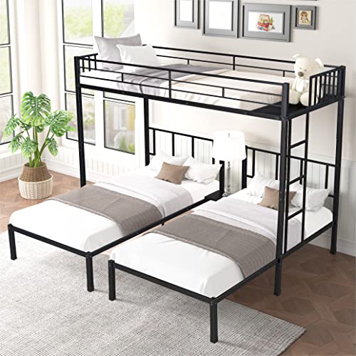 Goohome Triple Bunk Beds, Twin Over Twin Bunk Beds for 3, Metal Bed Frame for Bedroom, Apartment, Dorm, Heavy Duty Bunk Bed with Guardrail Ladder, Space-Saving, Black