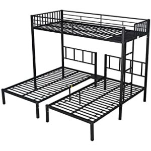 Goohome Triple Bunk Beds, Twin Over Twin Bunk Beds for 3, Metal Bed Frame for Bedroom, Apartment, Dorm, Heavy Duty Bunk Bed with Guardrail Ladder, Space-Saving, Black