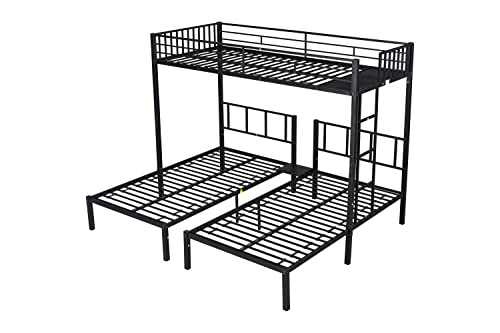 Goohome Triple Bunk Beds, Twin Over Twin Bunk Beds for 3, Metal Bed Frame for Bedroom, Apartment, Dorm, Heavy Duty Bunk Bed with Guardrail Ladder, Space-Saving, Black